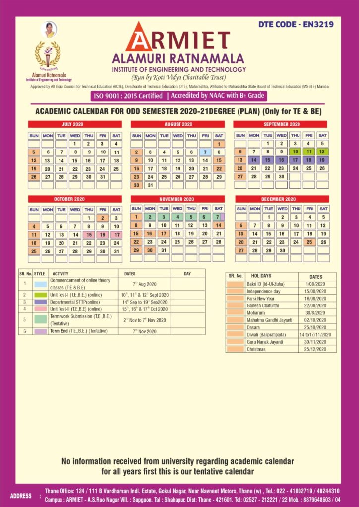 Academic Calendar - ARMIET College of Engg & Mgmt